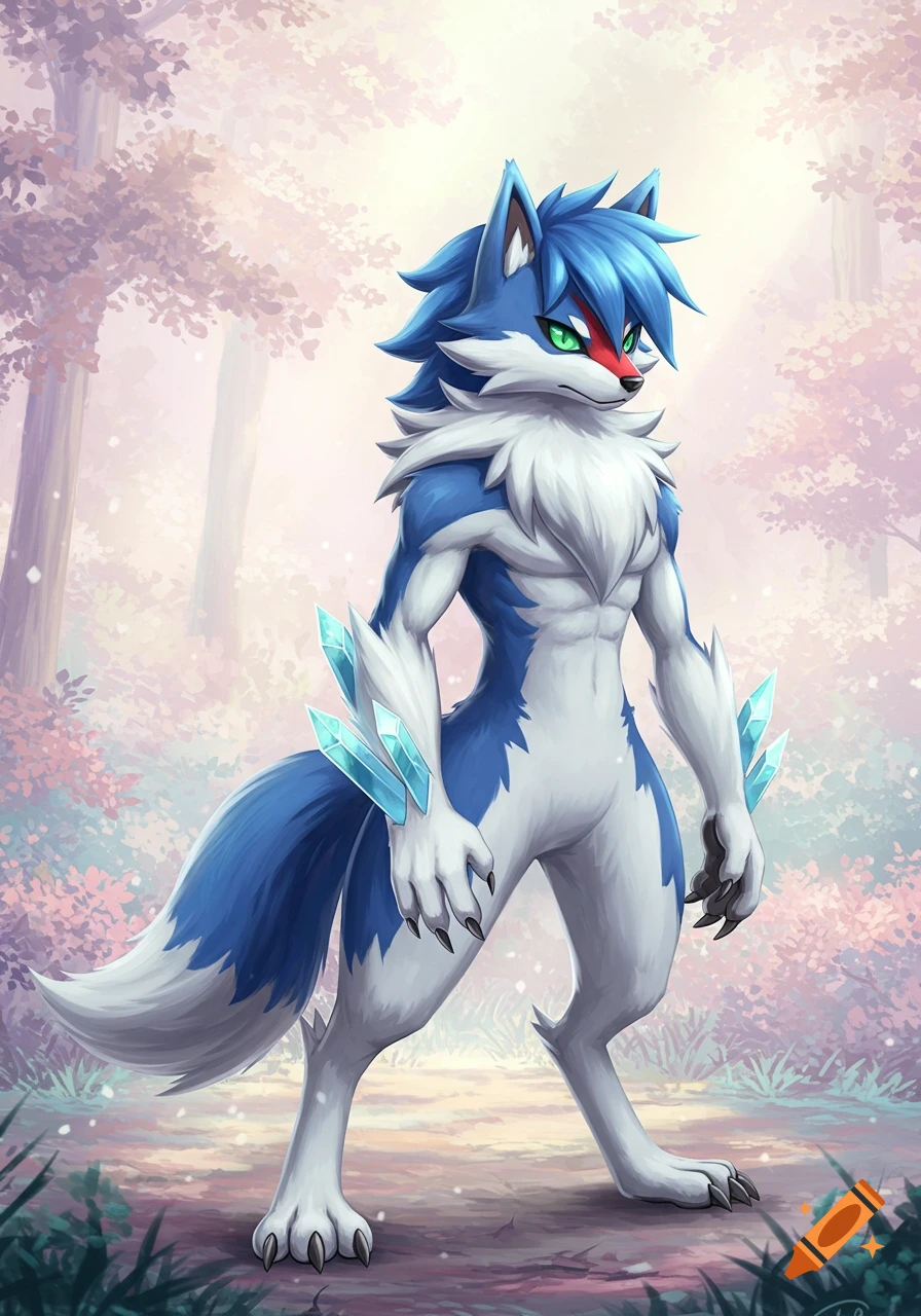 A Pokémon-styled anthropomorphic wolf with blue and white fur, green ...
