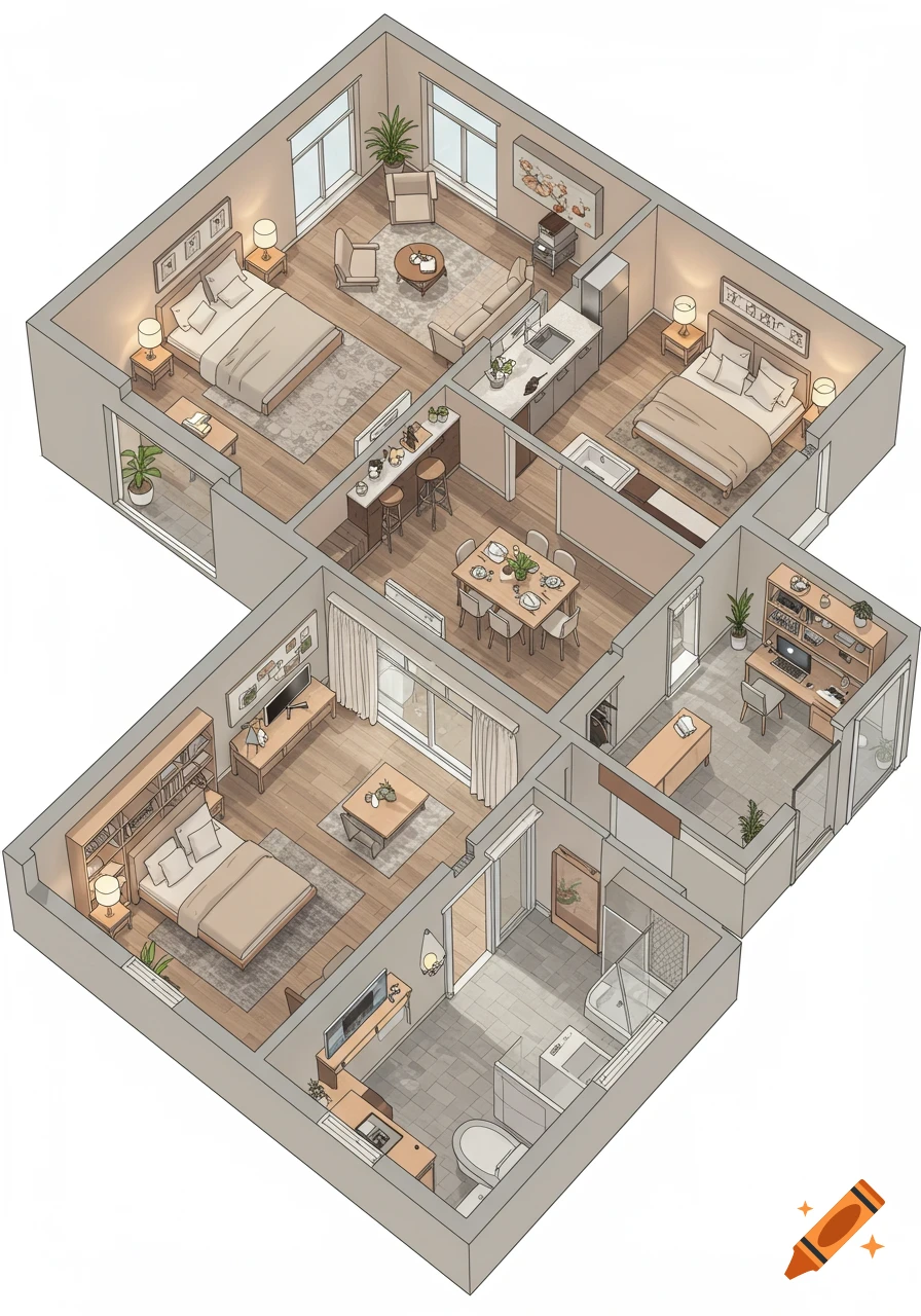 Isometric drawing of a multi-room apartment floor plan with bedrooms ...