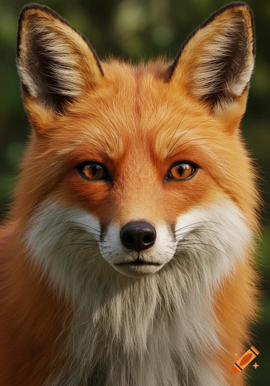 Close-up photorealistic portrait of a red fox with bright orange eyes ...