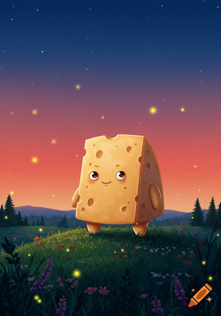 A cute, smiling cartoon cheese character with holes stands in a grassy ...