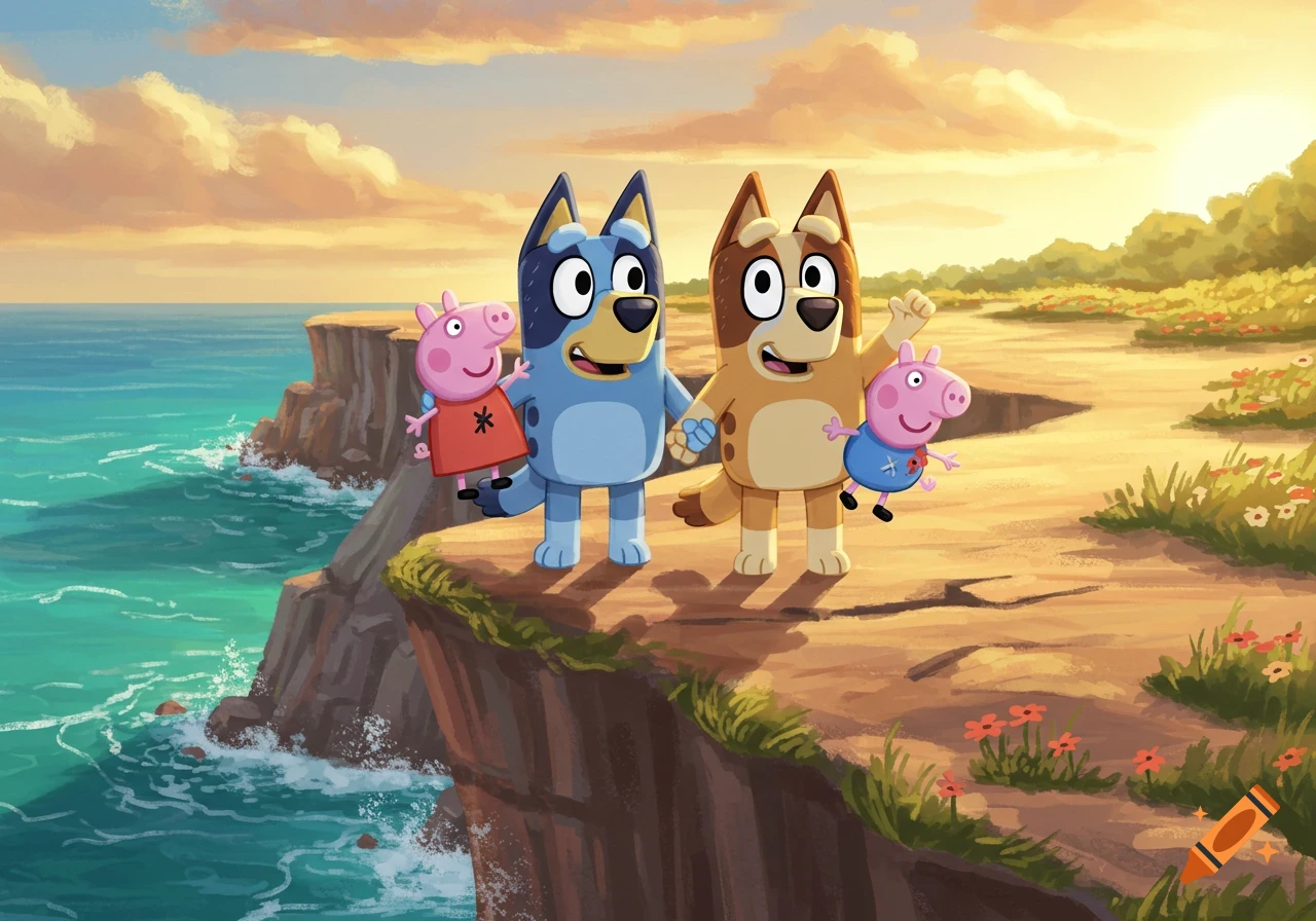 Mario and Bluey stand side-by-side in a vibrant cartoon landscape with ...