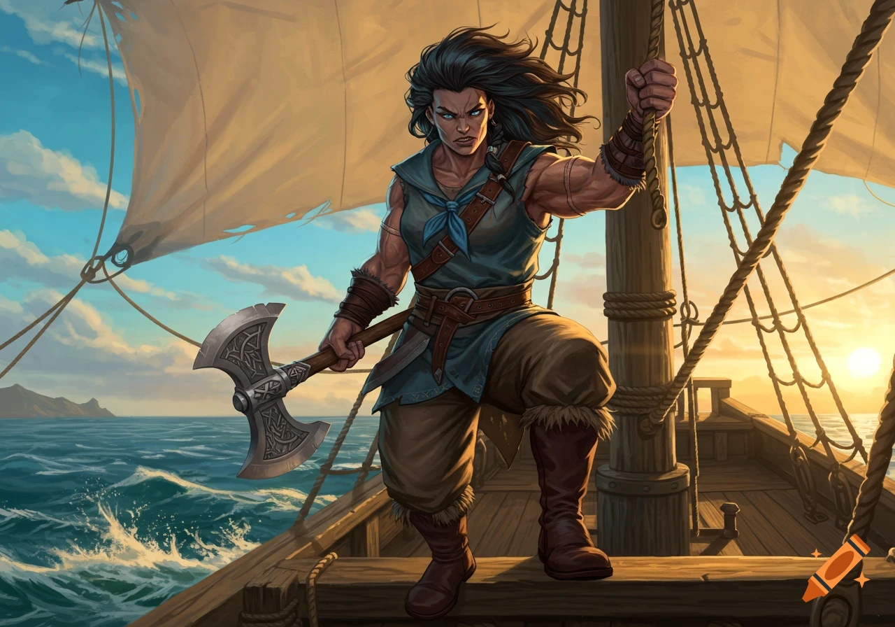 A muscular blue-skinned swashbuckler in chainmail, feathered tricorne ...