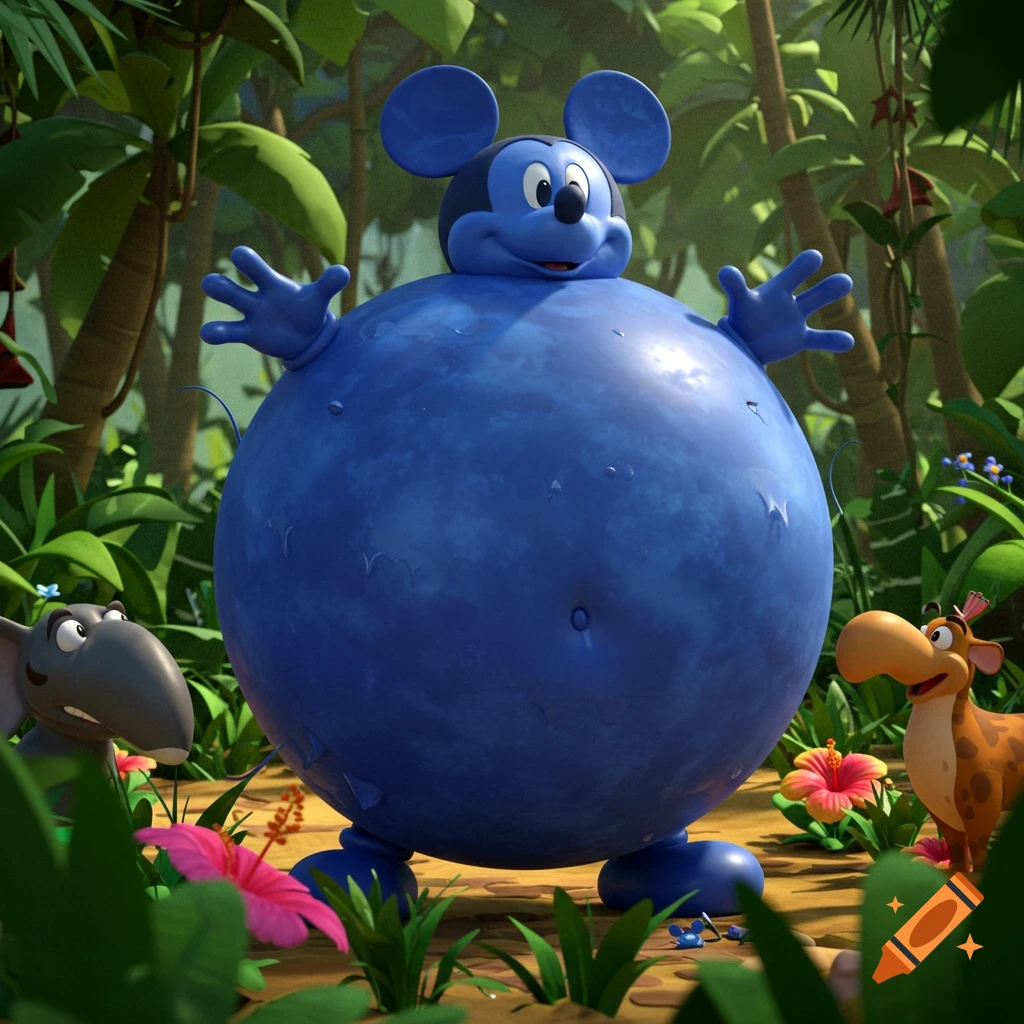 A giant, blue, blueberry-inflated Mickey Mouse stands in a vibrant 3D ...
