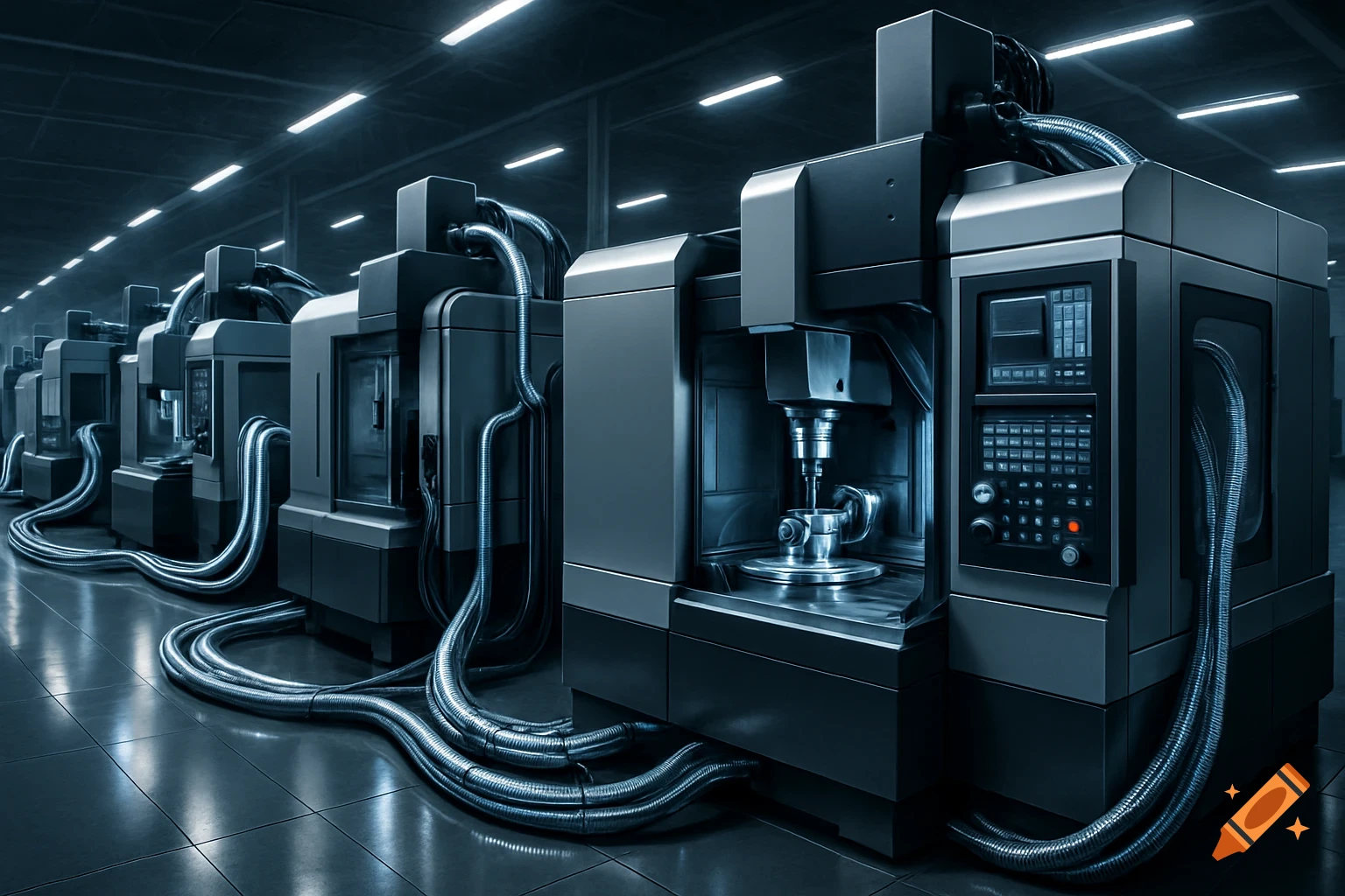 Shiny silver utility duct cladding pipes on a dark surface in a blurred ...