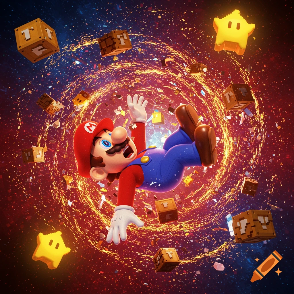 Mario falls through a vibrant red and blue wormhole, surrounded by ...