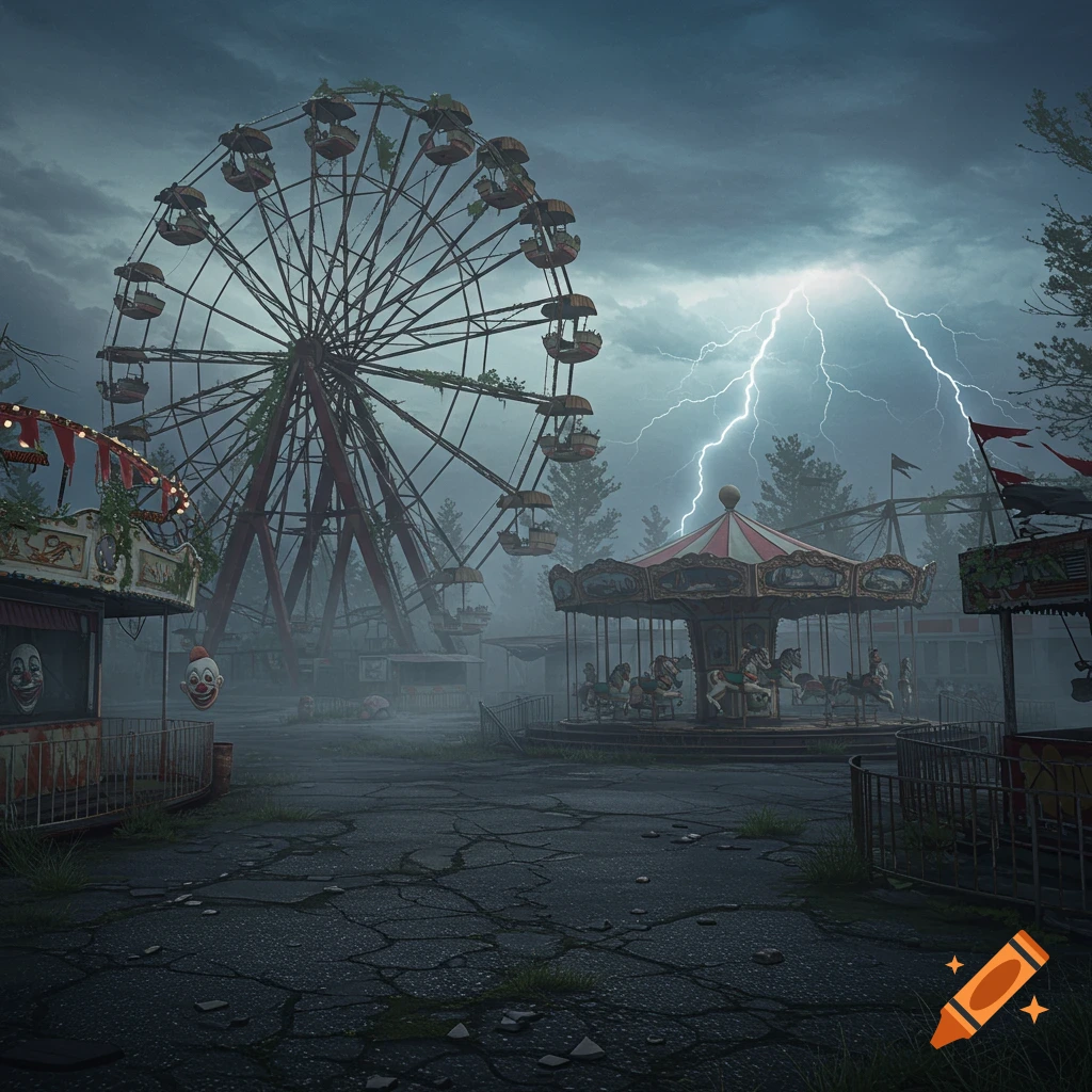 A dark, abandoned amusement park under a stormy, lightning-filled sky ...