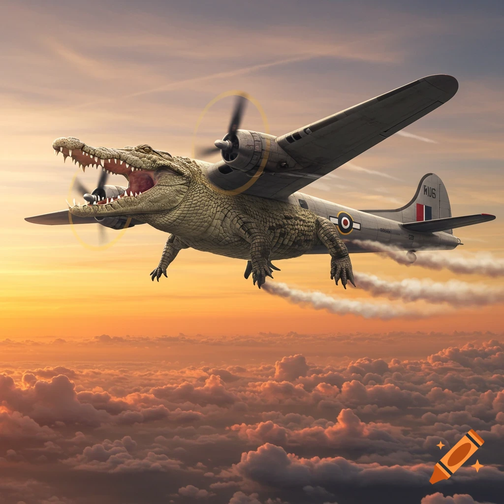 A photorealistic image of a crocodile with a bomber plane body flying ...