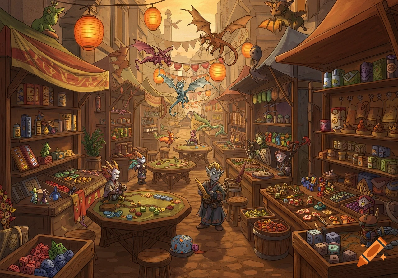 A cheerful woman with red hair smiles behind her cluttered market stall ...