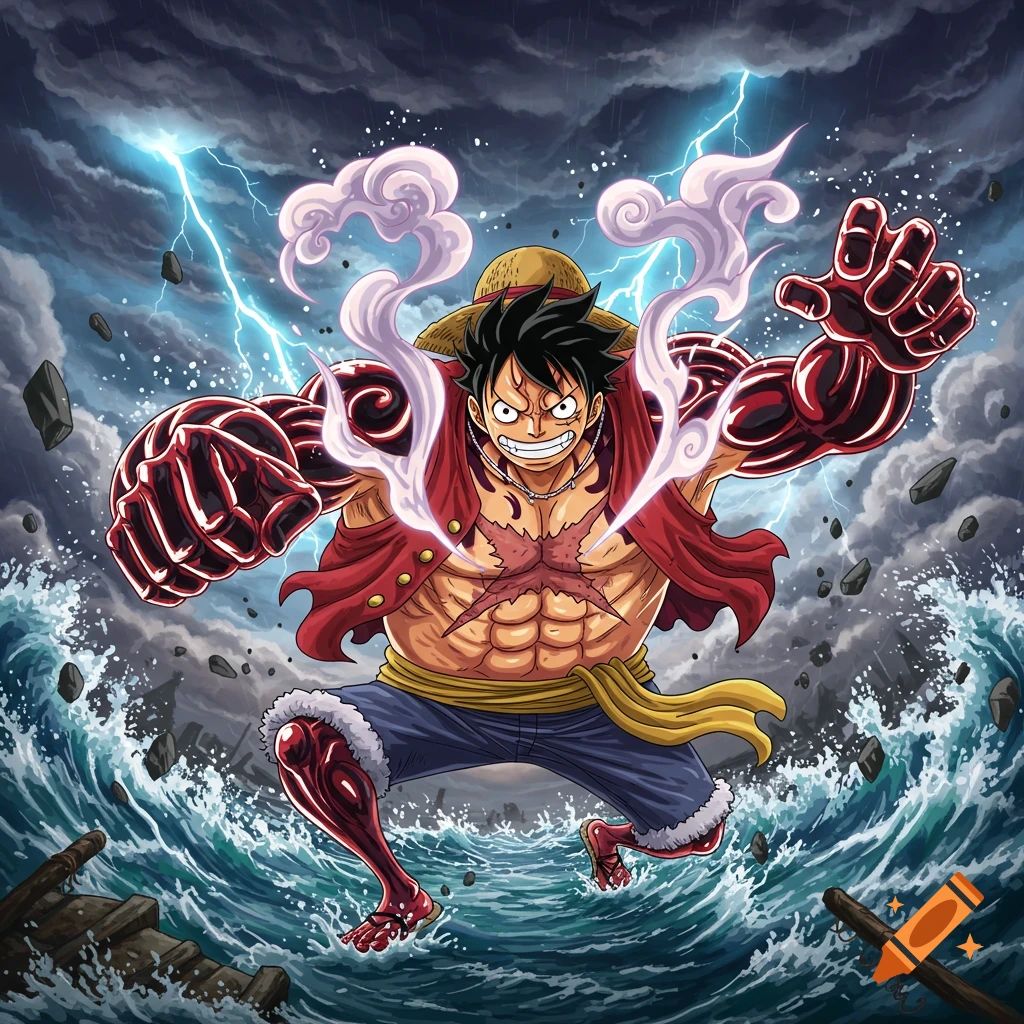 Luffy in his Gear Five form stands powerfully in a stormy sea with ...