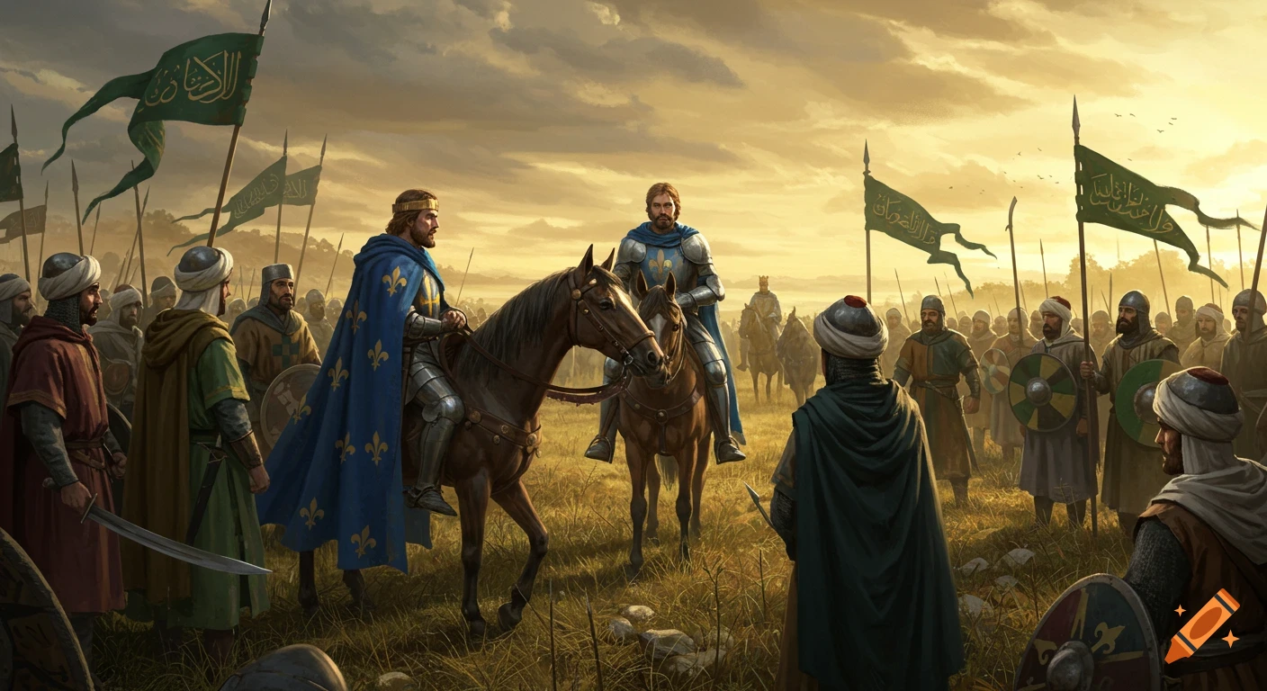 An epic painting of two medieval armies facing each other on a plain ...