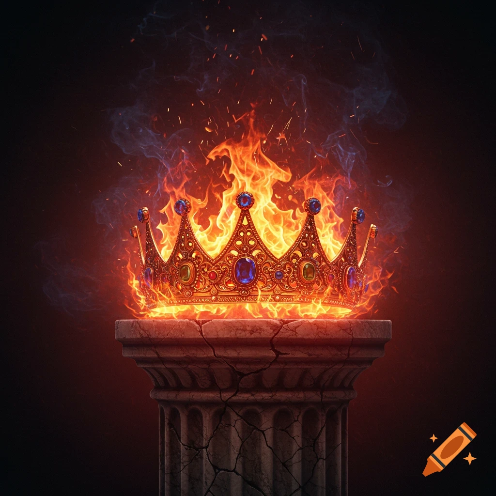 A golden, jeweled crown engulfed in bright flames, resting on a cracked ...