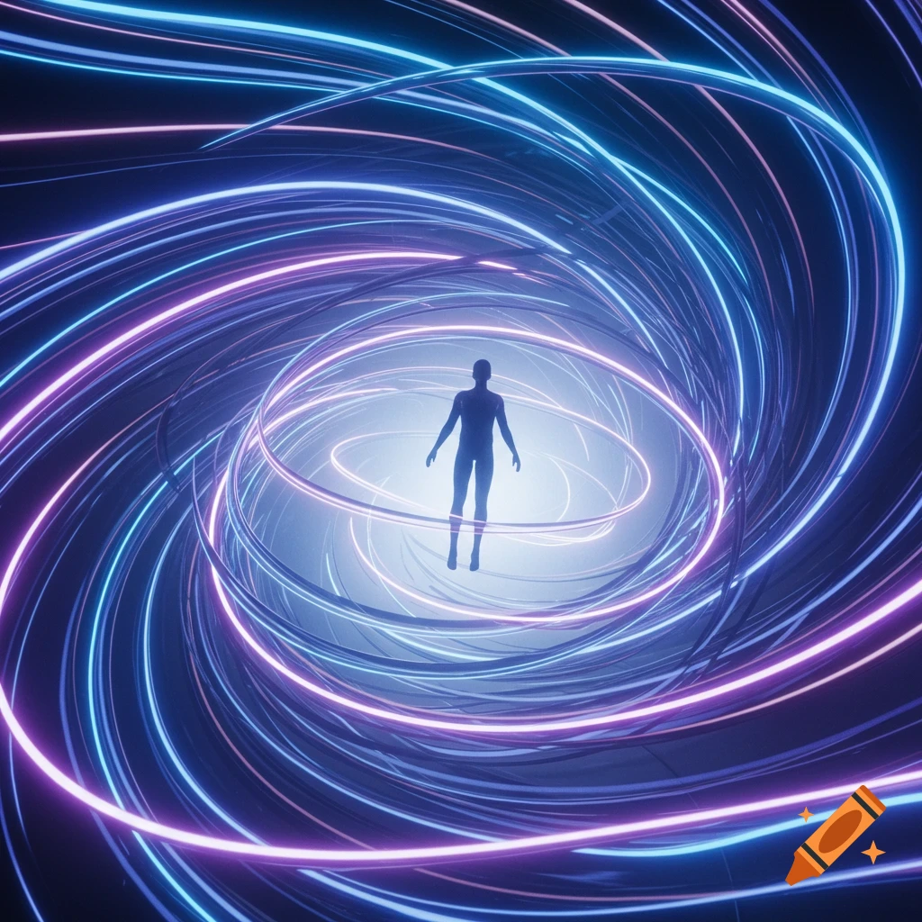 Silhouette of a human figure floating in a swirling vortex of glowing ...