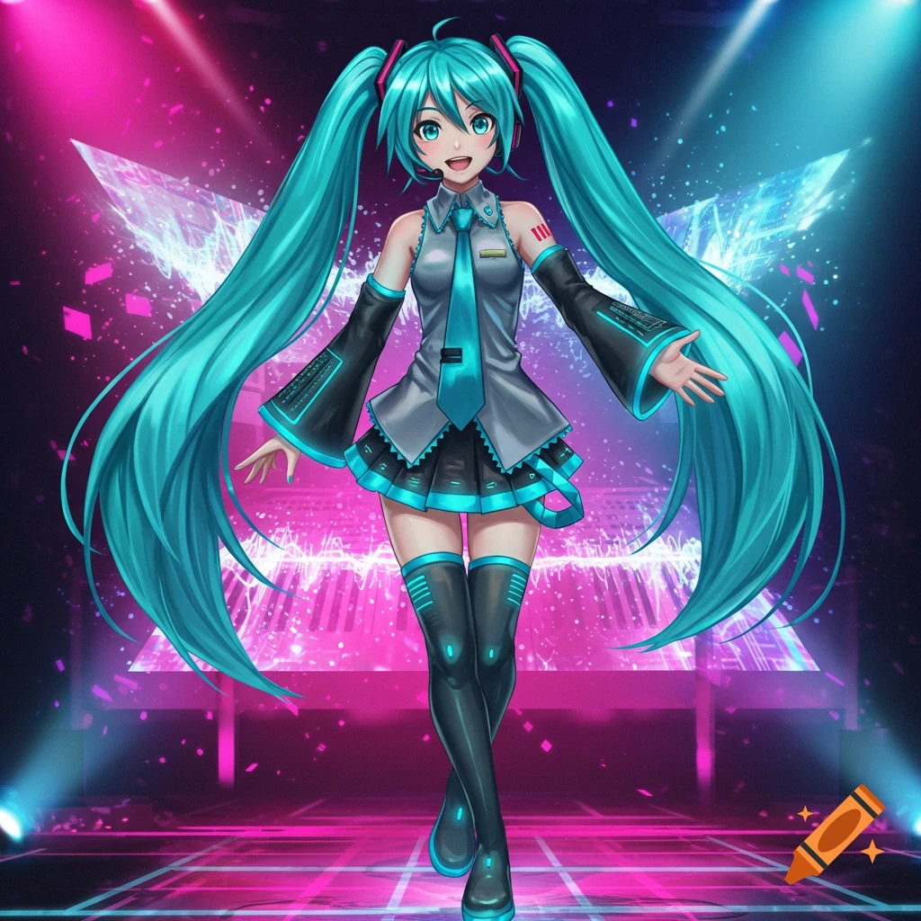 A cute, chibi-style Hatsune Miku cookie character stands in a vibrant ...