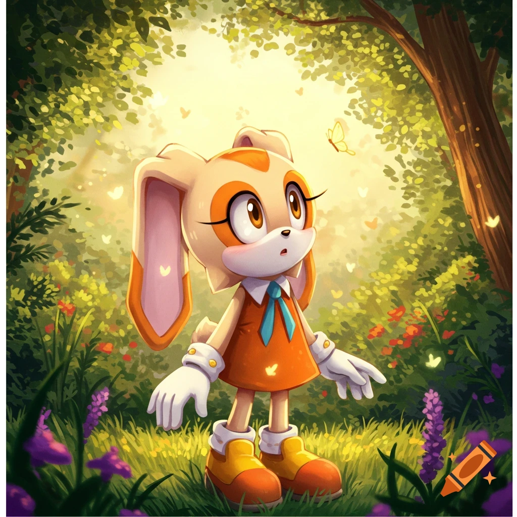 Cream the Rabbit, a cream and orange bunny, stands in a vibrant forest ...