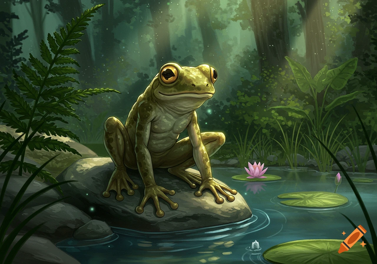 A green frog with a long, curly, furry brown tail sits by a pond with ...