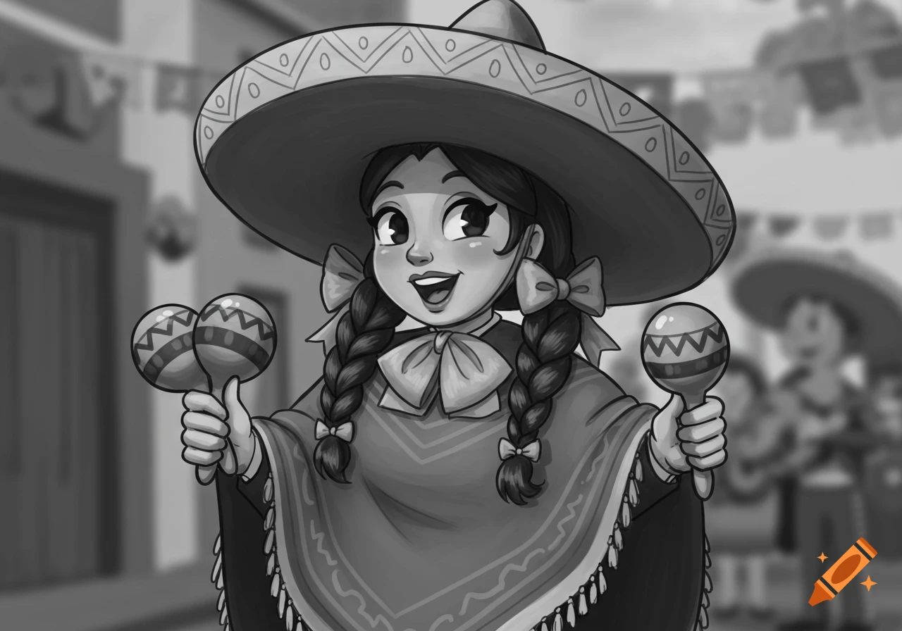 A cute monochrome rubberhose cartoon of a Mexican girl wearing a ...