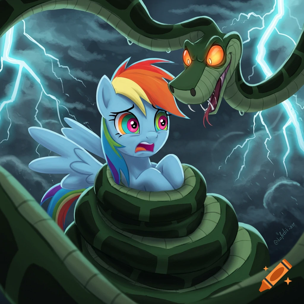 A scared blue pony with a rainbow mane, Rainbow Dash, is tightly ...
