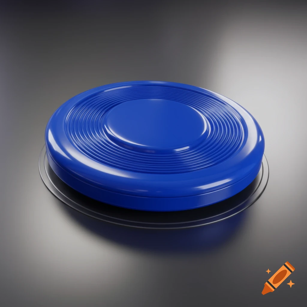 A glossy blue circular button with concentric ridges sits on a dark ...