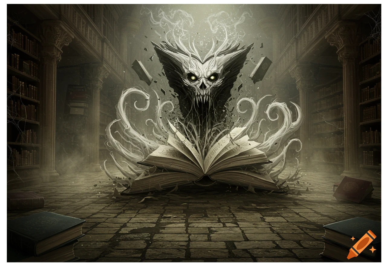 A scary, pale-faced figure with glowing eyes and a wide grin emerges ...