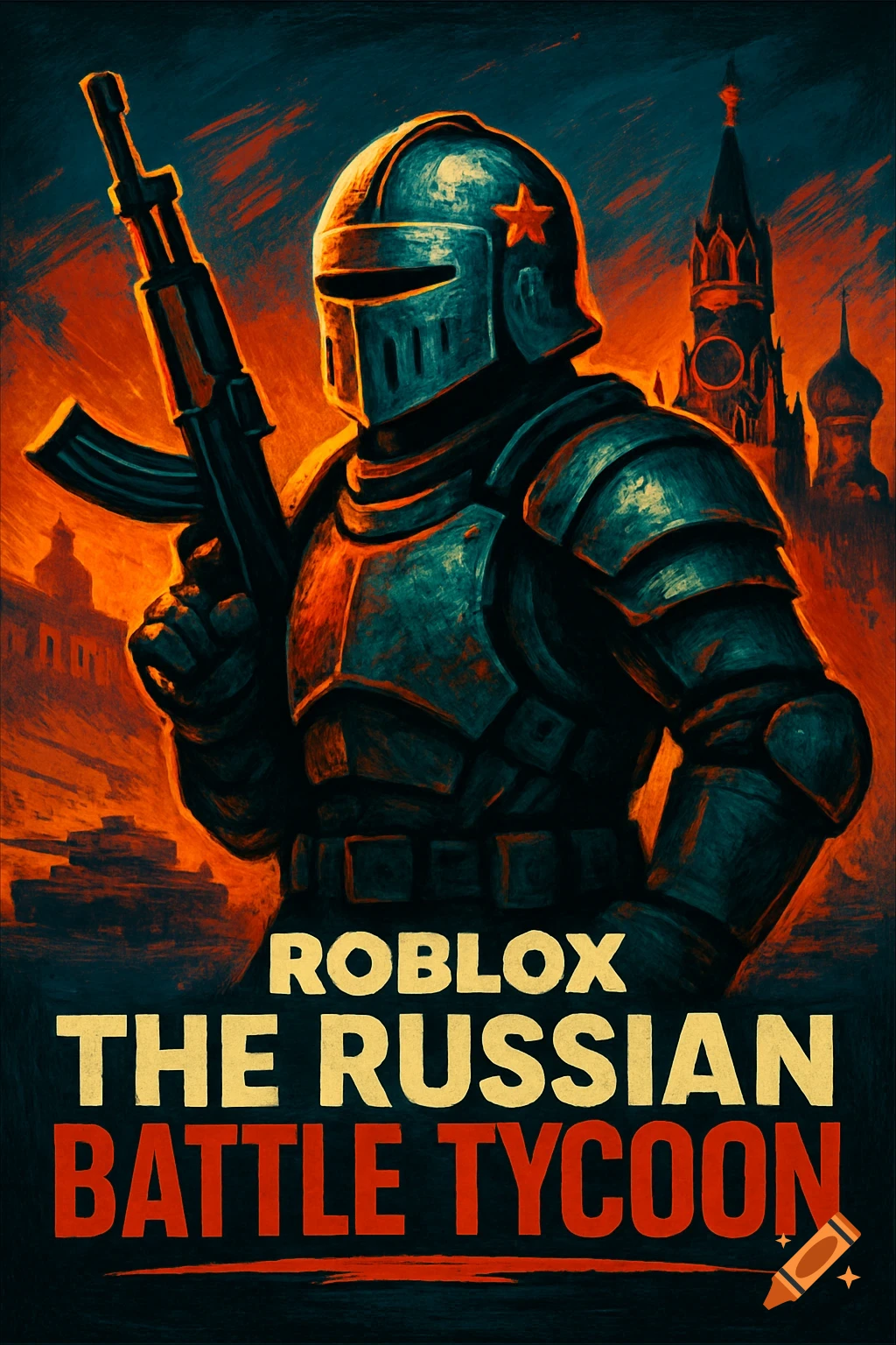 Stylized poster of an armored soldier with a rifle against a Russian ...