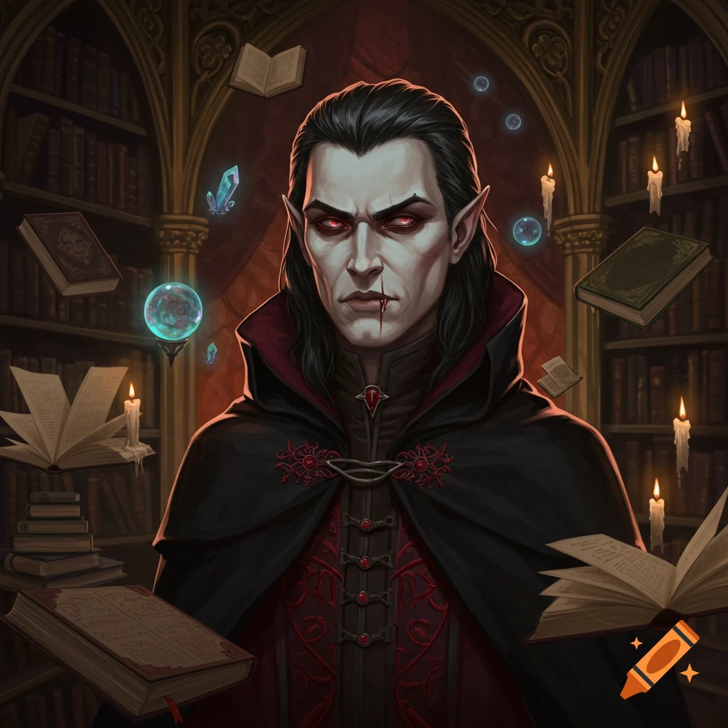 A dark fantasy digital painting of a vampire with pale skin, red eyes ...