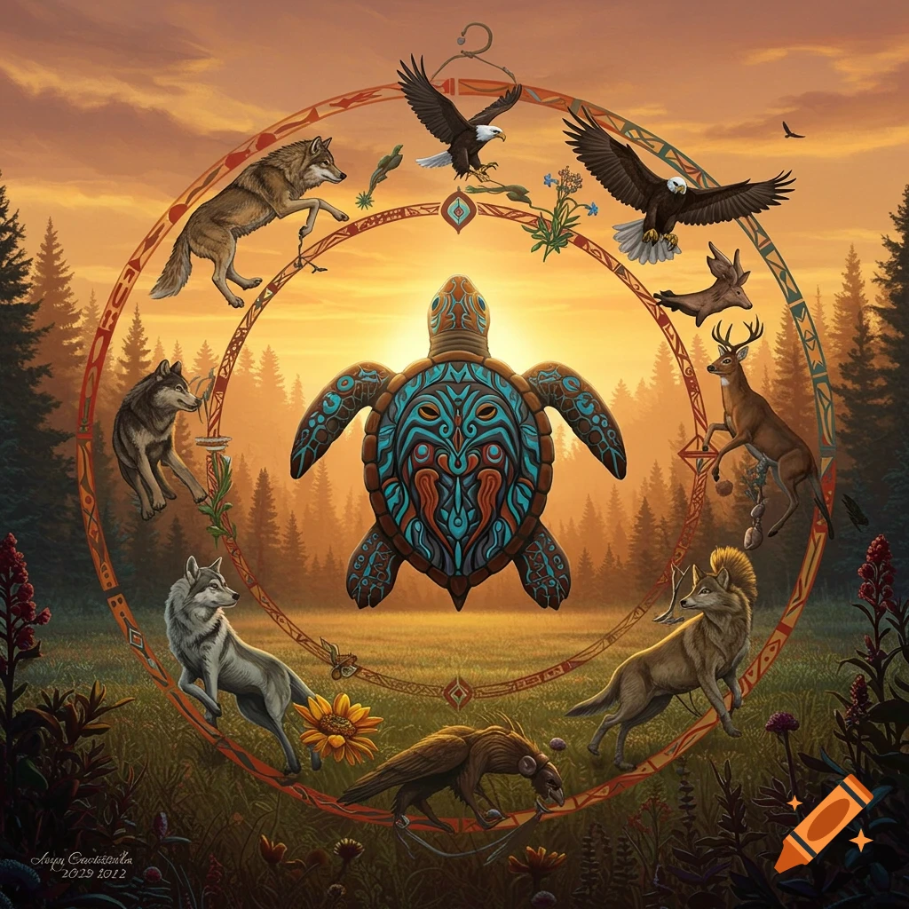 Indigenous art style features a teal turtle surrounded by wolves ...