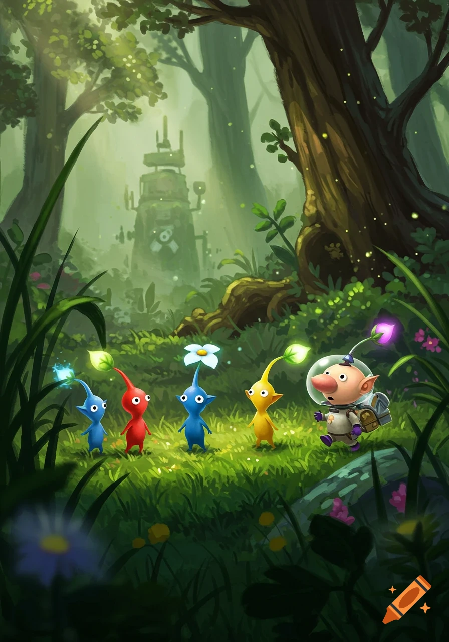 A yellow Pikmin works on a complex machine while a red Pikmin watches ...