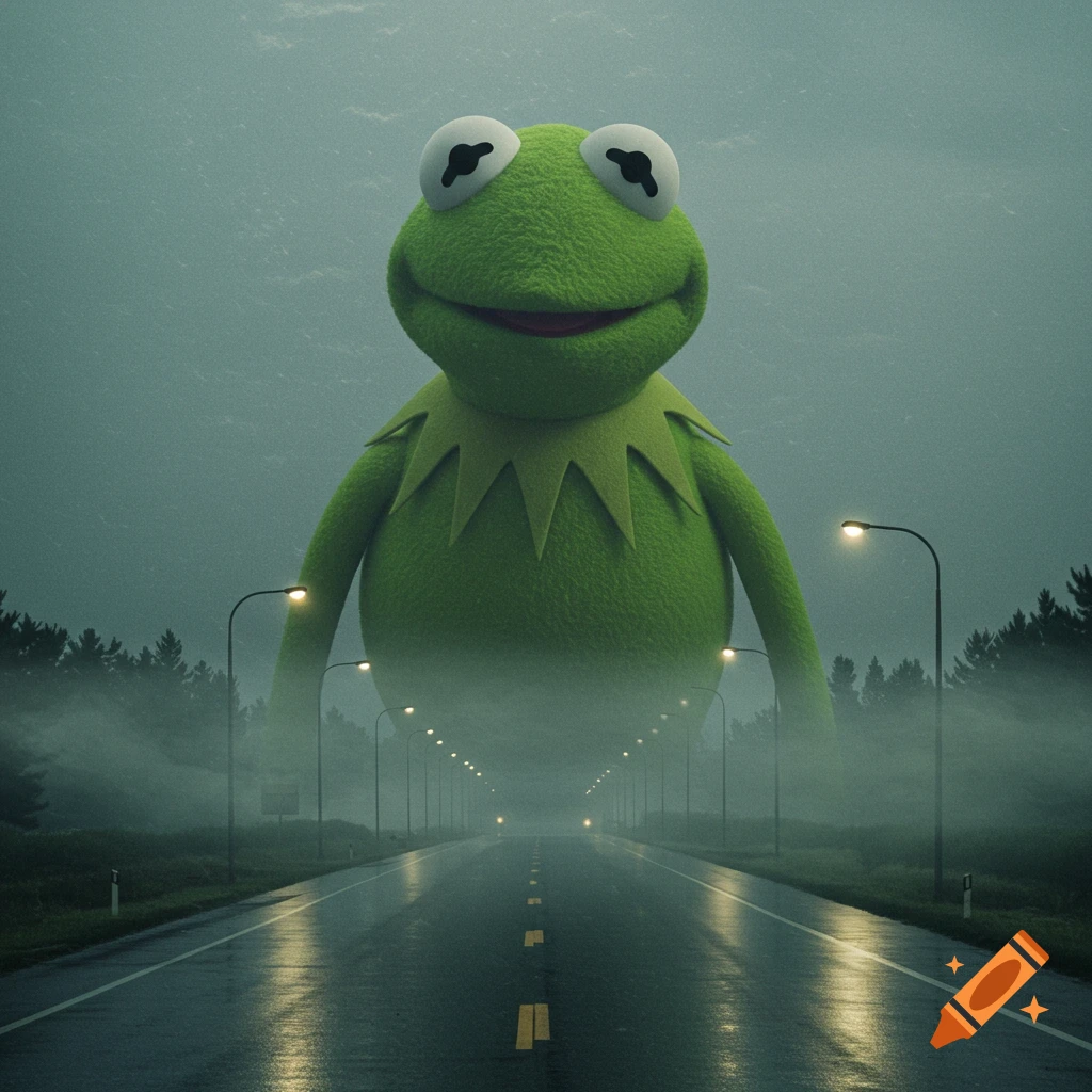 A giant, photorealistic Kermit the Frog puppet, partially covered in ...