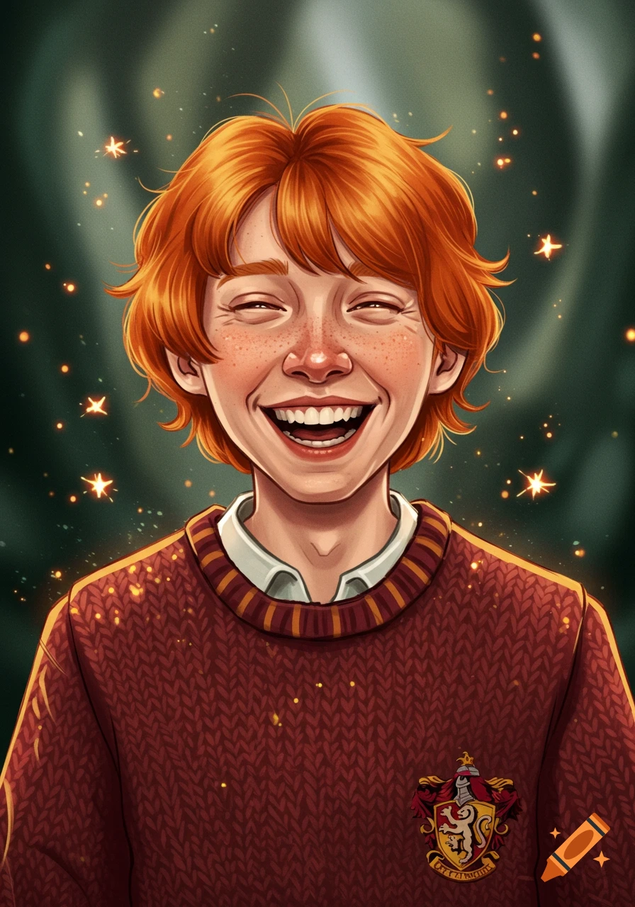 A smiling, red-haired Ron Weasley with freckles, wearing an 'R' sweater, holds a wand in a cozy ...
