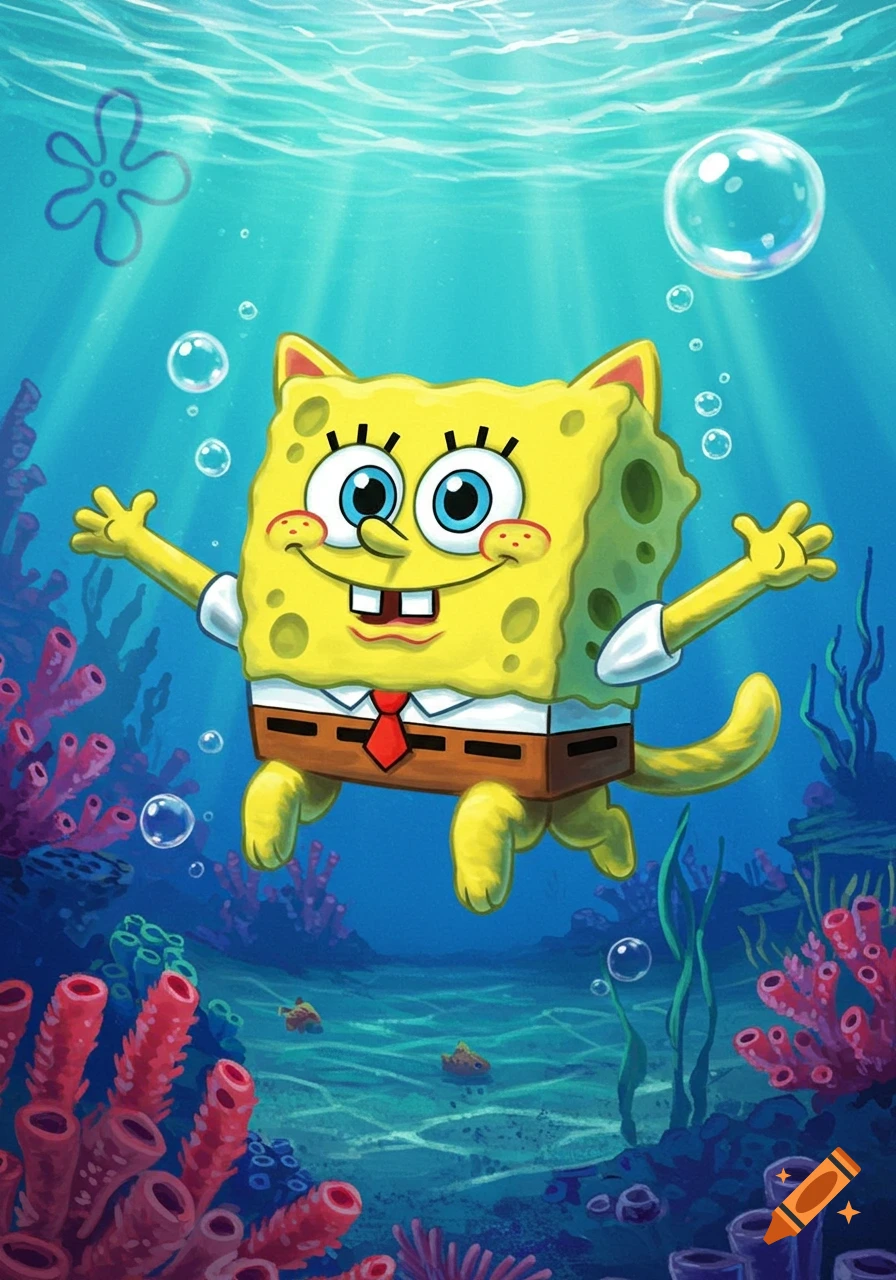 Spongebob Squarepants stands underwater, happily holding a Krabby Patty ...