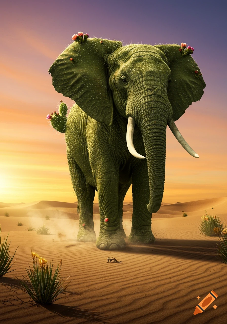 A photorealistic elephant with a red, textured strawberry body stands ...