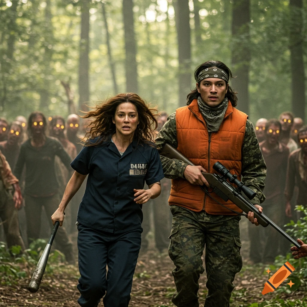 A distressed woman in a prison uniform and a calm man with a rifle run ...