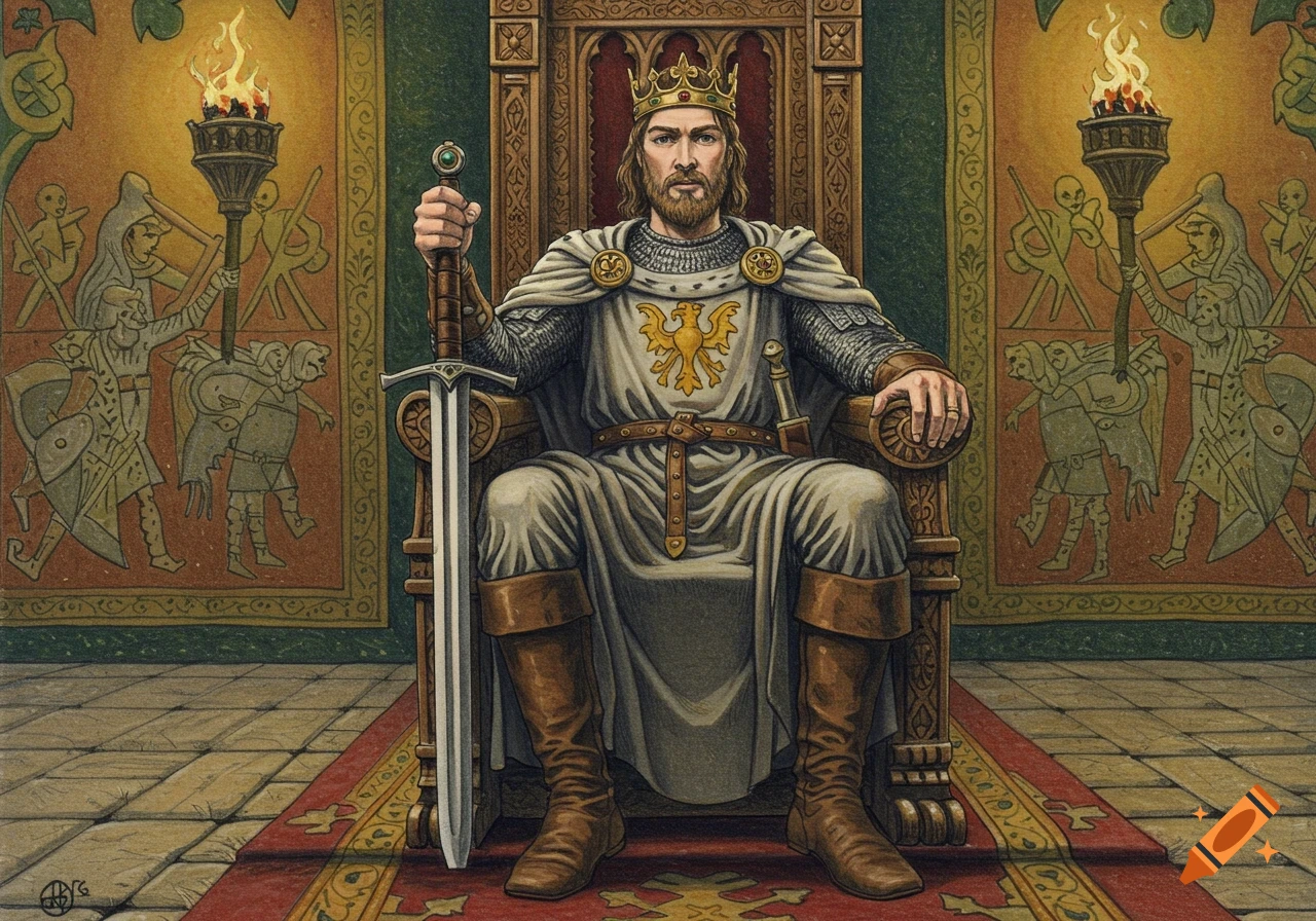 A medieval king with a crown and beard sits on an ornate throne ...