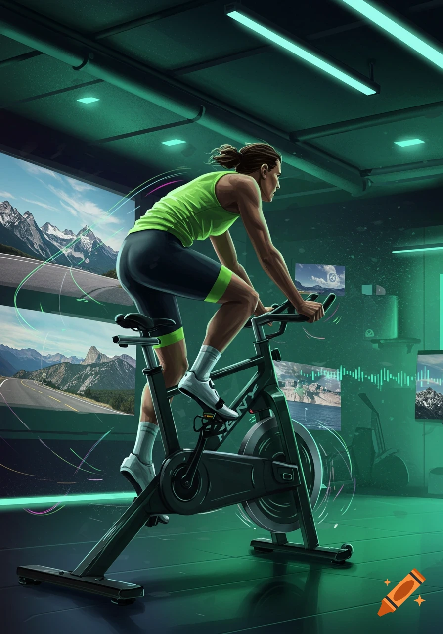 A person in a green top and cycling shorts rides an indoor exercise ...