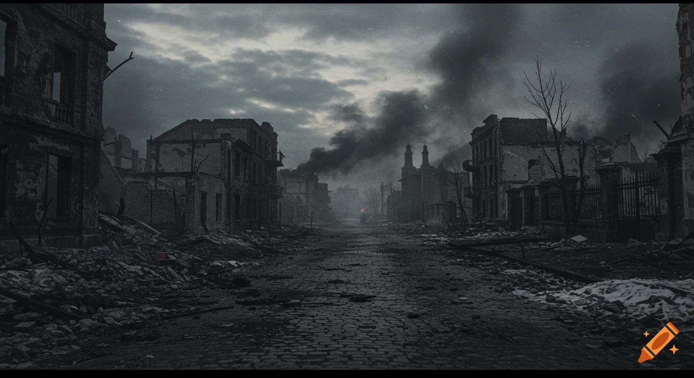 A dark, gritty, grayscale view of a ruined medieval town with collapsed ...