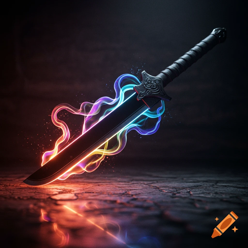 A dao style sword with a black blade and vibrant rainbow-colored energy ...