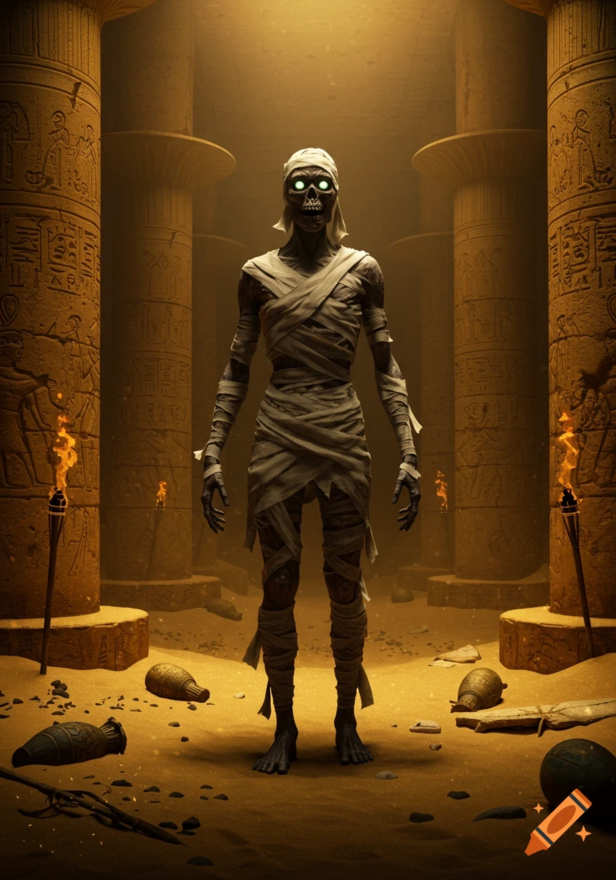 A full-body shot of a mummy with glowing green eyes, standing in an ...