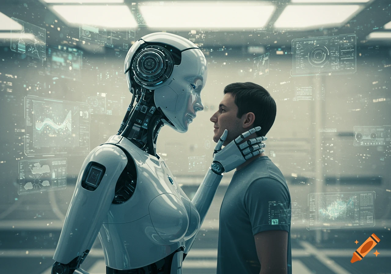 A high-tech female robot with a metallic body looks into the eyes of a ...