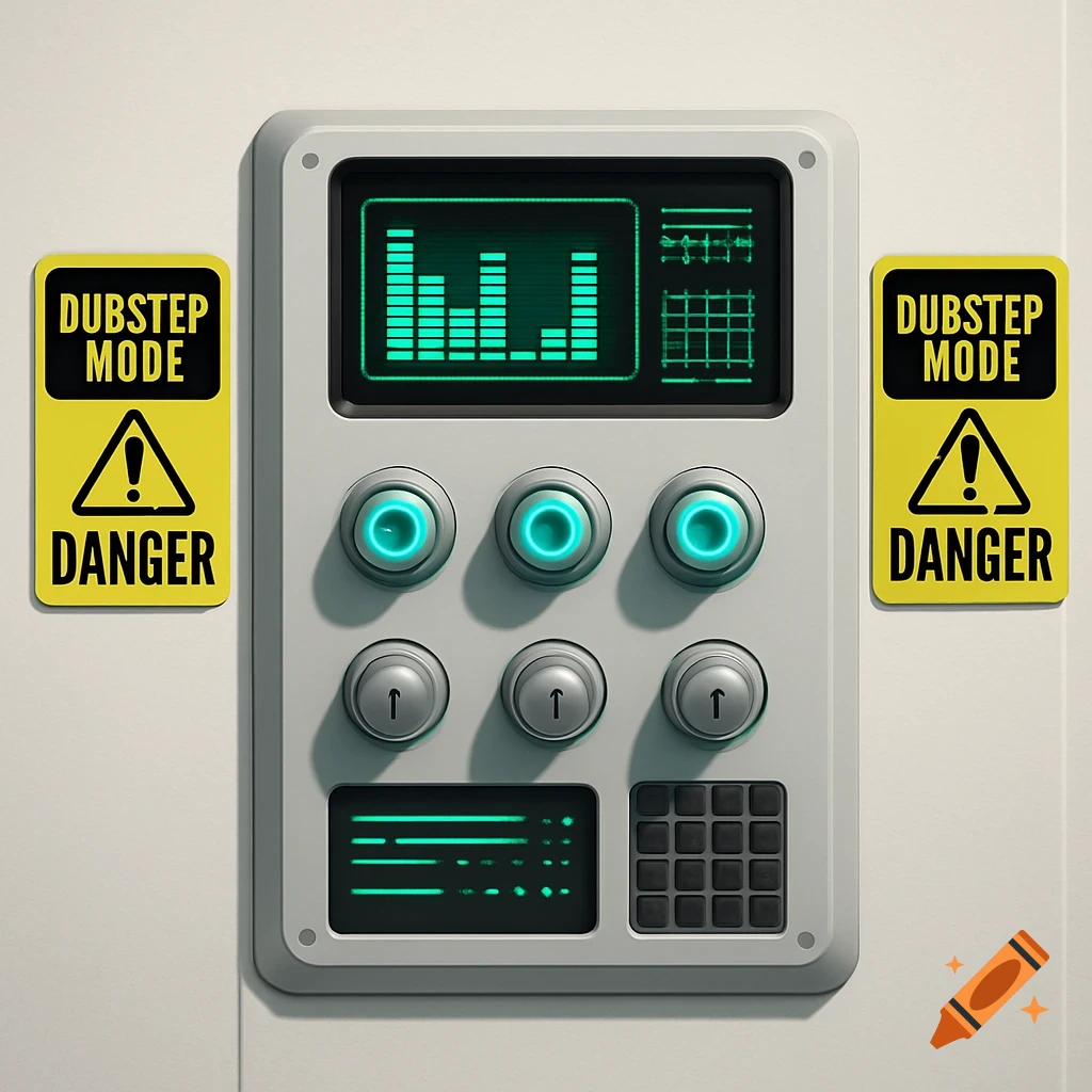 A grey control panel with a green display, glowing buttons, and push ...