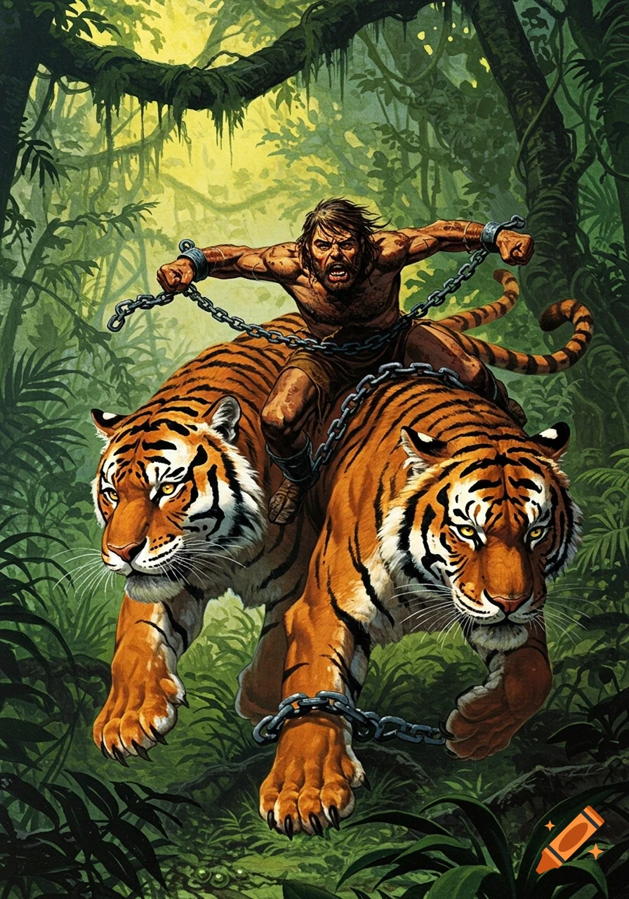 A muscular, chained man rides two charging tigers through a dense ...