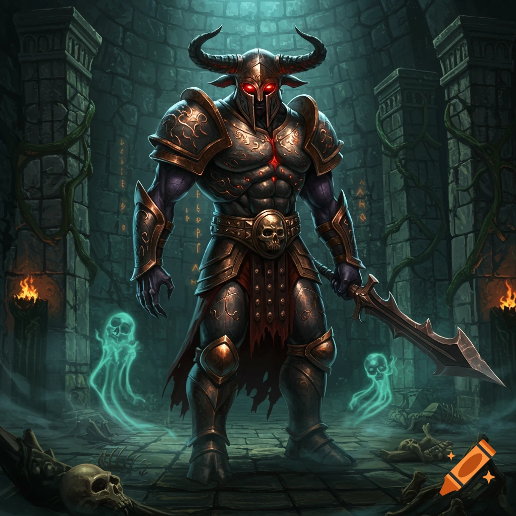 A horned demon warrior in ornate dark armor with glowing red eyes ...