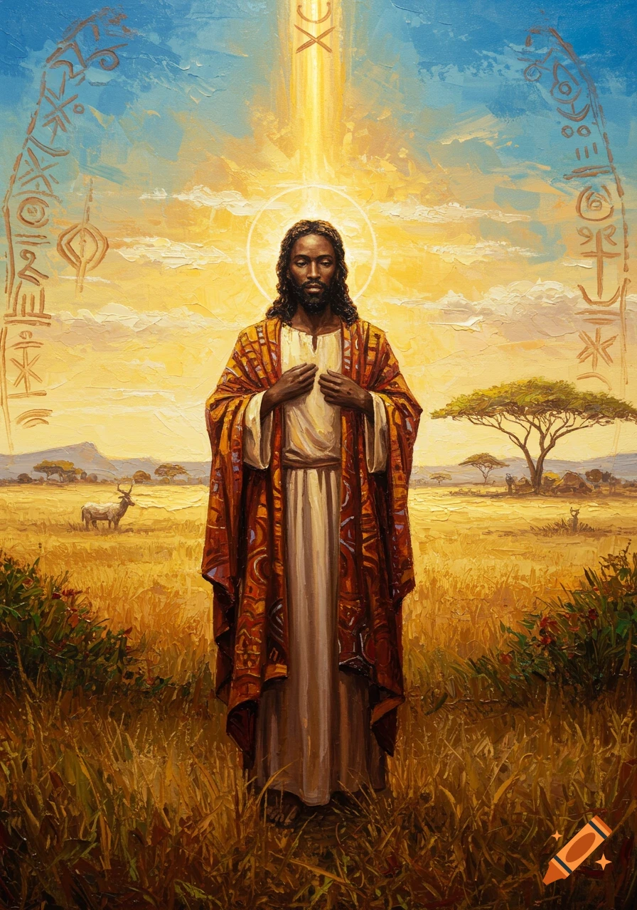 An oil painting of a Black Jesus standing in an African savanna, with ...