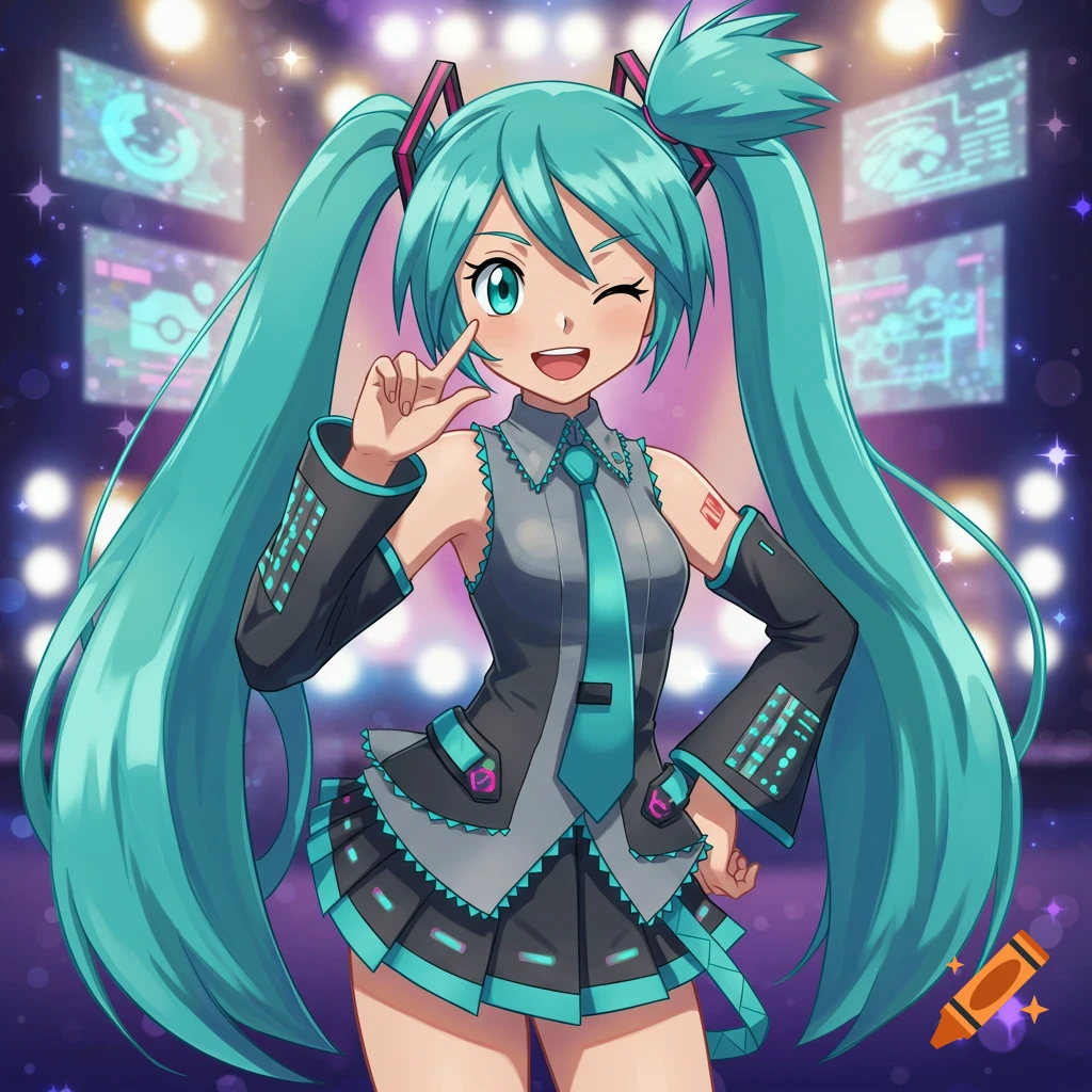 An anime character resembling Hatsune Miku with long teal pigtails ...