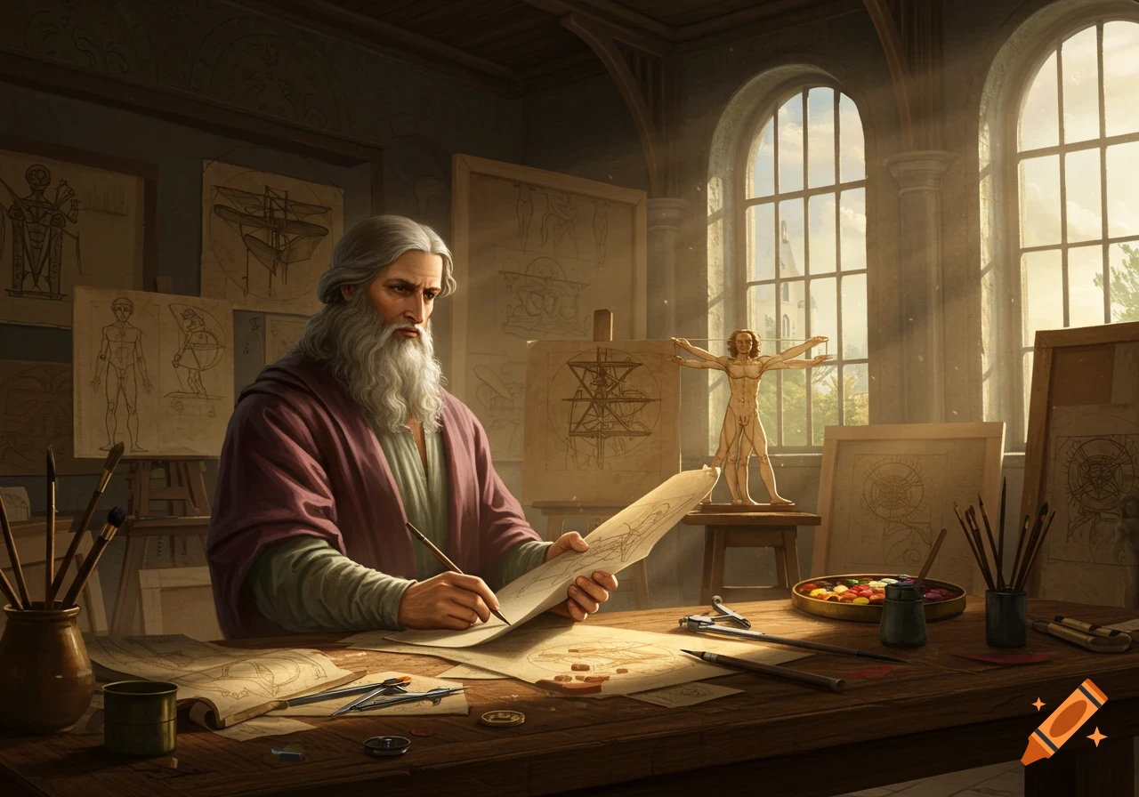 An elderly man resembling Leonardo da Vinci draws in a sunlit ...