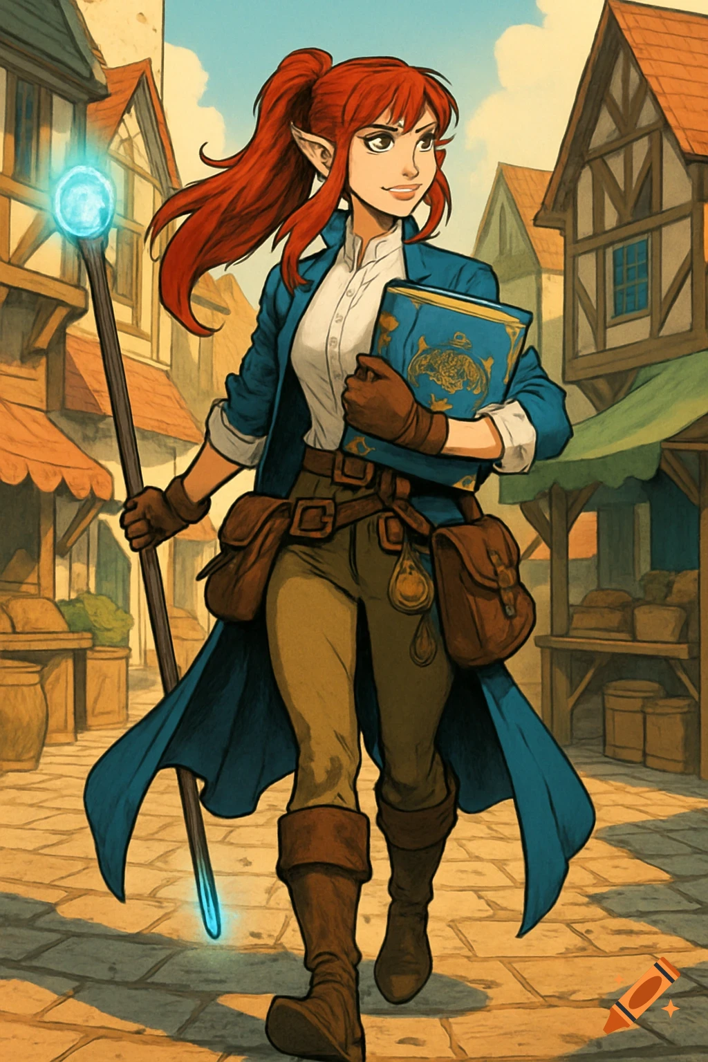 A young Half-Elf wizard with red hair and a blue coat walks through a ...