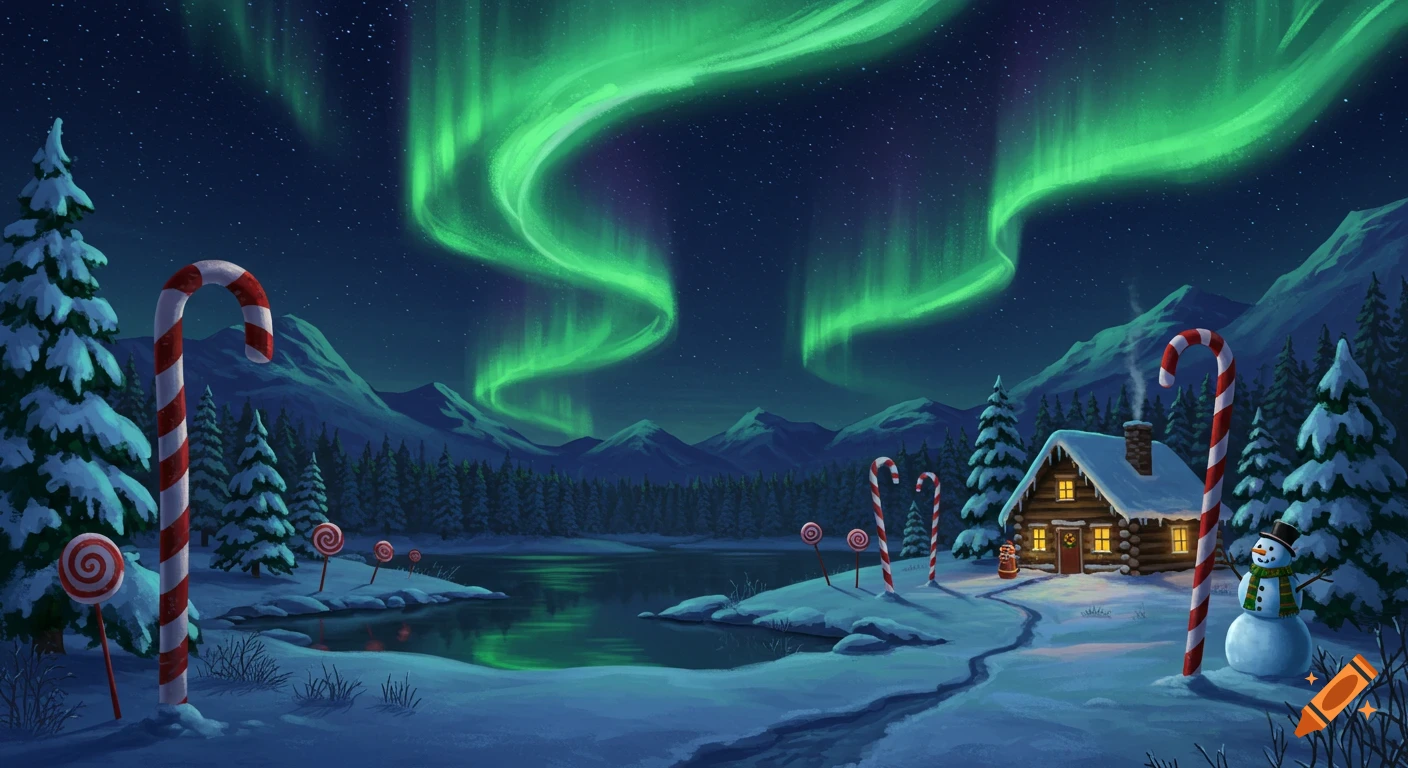 A festive Christmas tree illuminates a sandy beach at night, with a ...