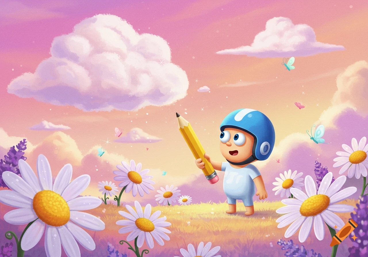 A whimsical cartoon boy in a blue helmet holds a giant yellow pencil in ...