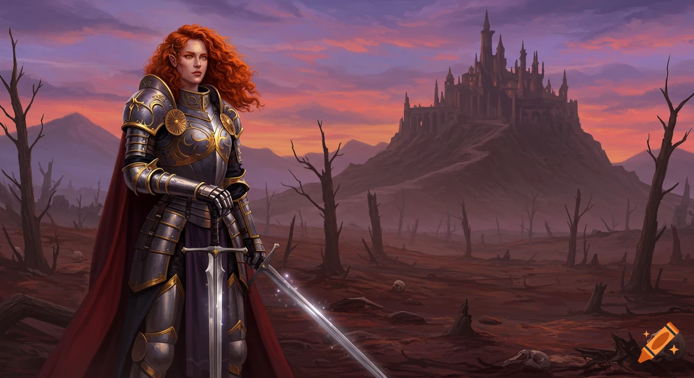 Female paladin in ornate armor with red curly hair holding a sword in a ...