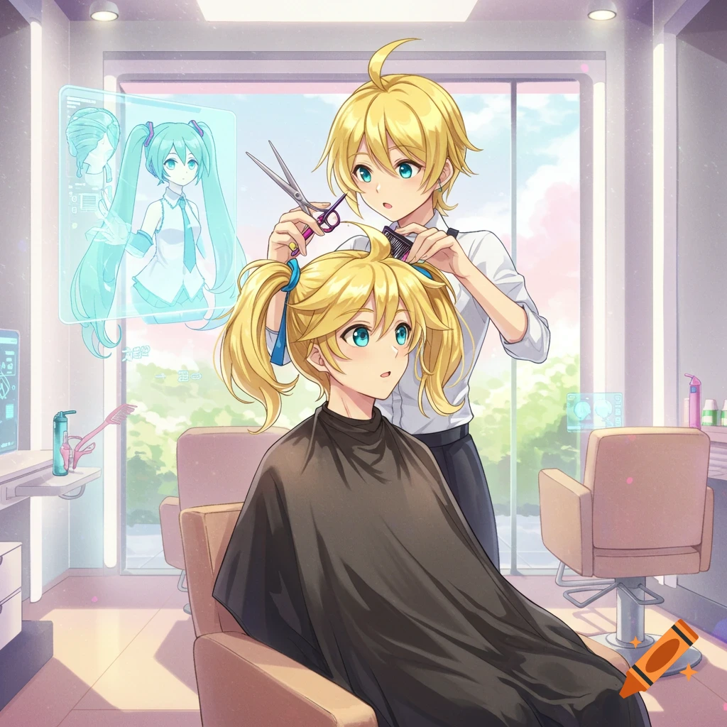 Anime-style character getting a haircut in a futuristic salon with a ...