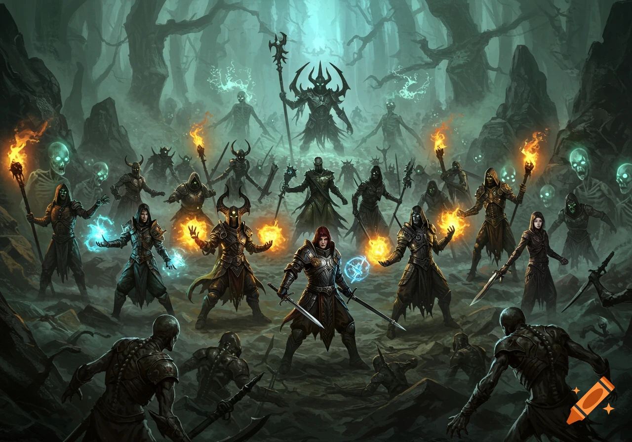 A group of fantasy warriors, some wielding magic and torches, confronts ...